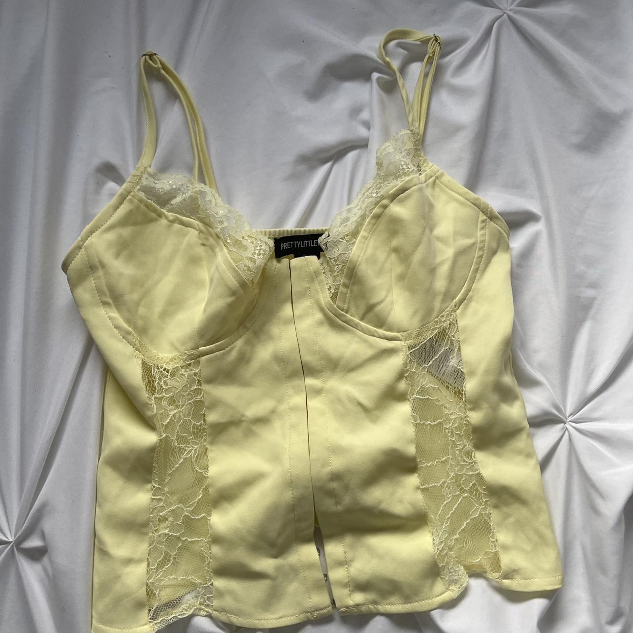 PrettyLittleThing Yellow and white lace corset top - Depop