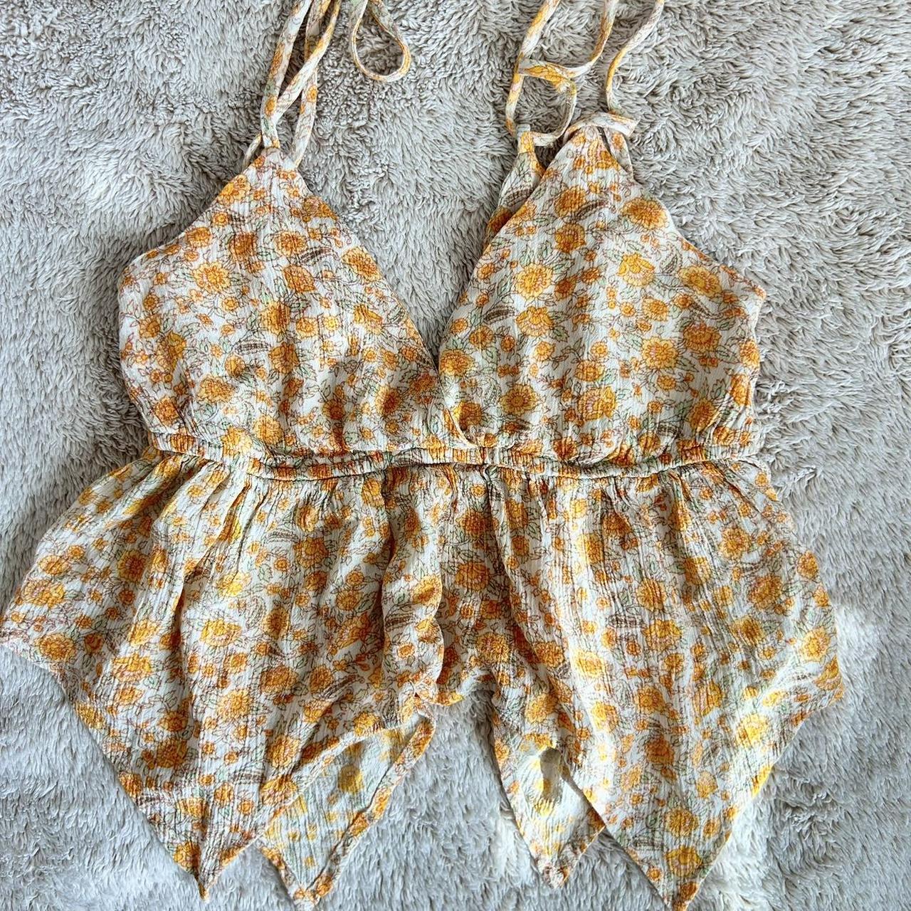 Yellow and white floral flowy top #floral The strap... | Depop