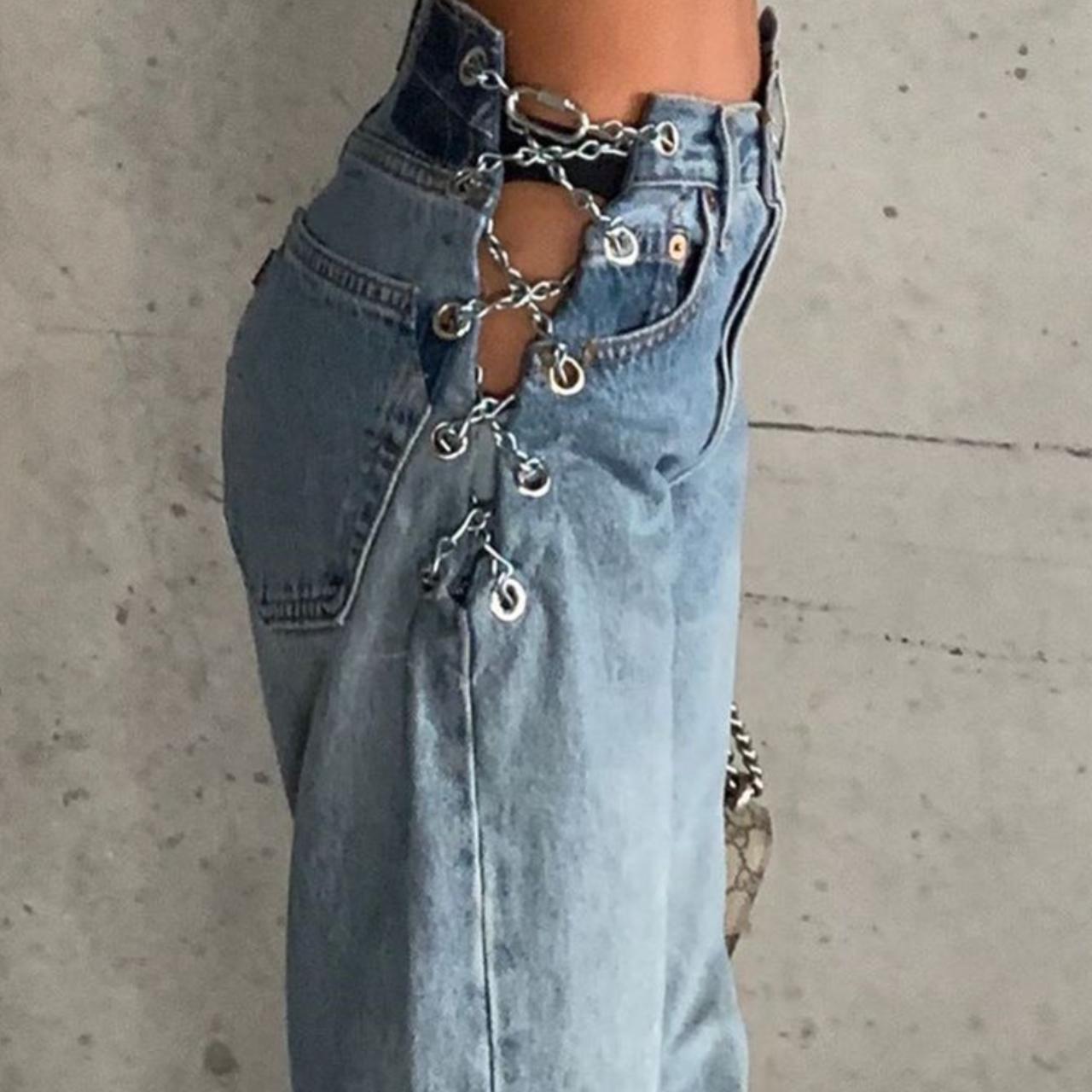 jeans with chains von the sides. super cute,... | Depop