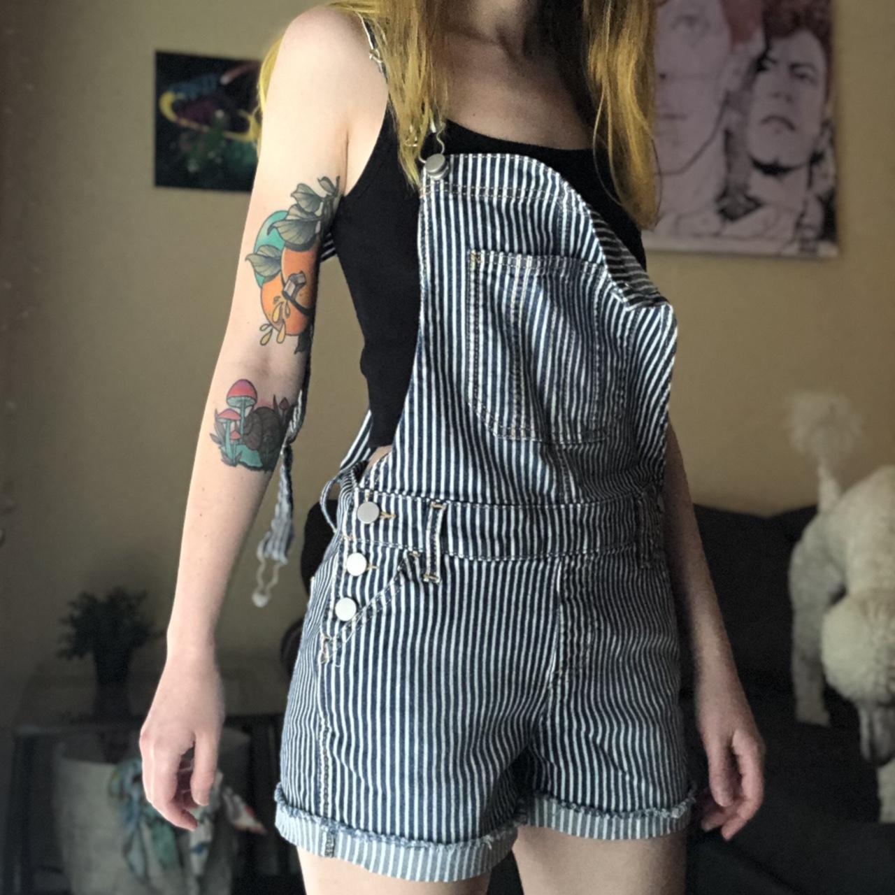 Striped jean shortalls 🪴 - overall shorts with... - Depop