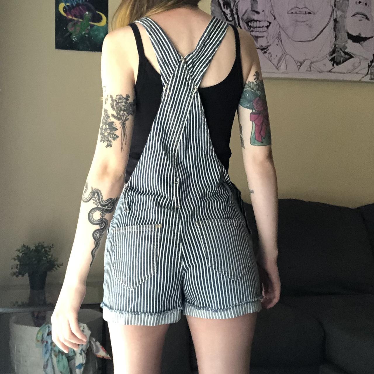 Striped jean shortalls 🪴 - overall shorts with... - Depop
