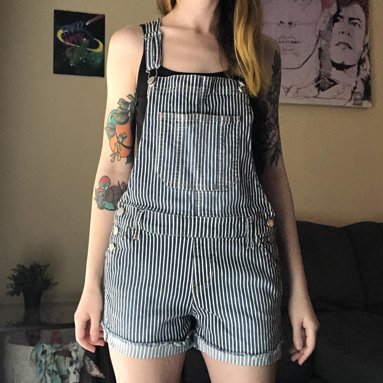 Striped jean shortalls 🪴 - overall shorts with... - Depop