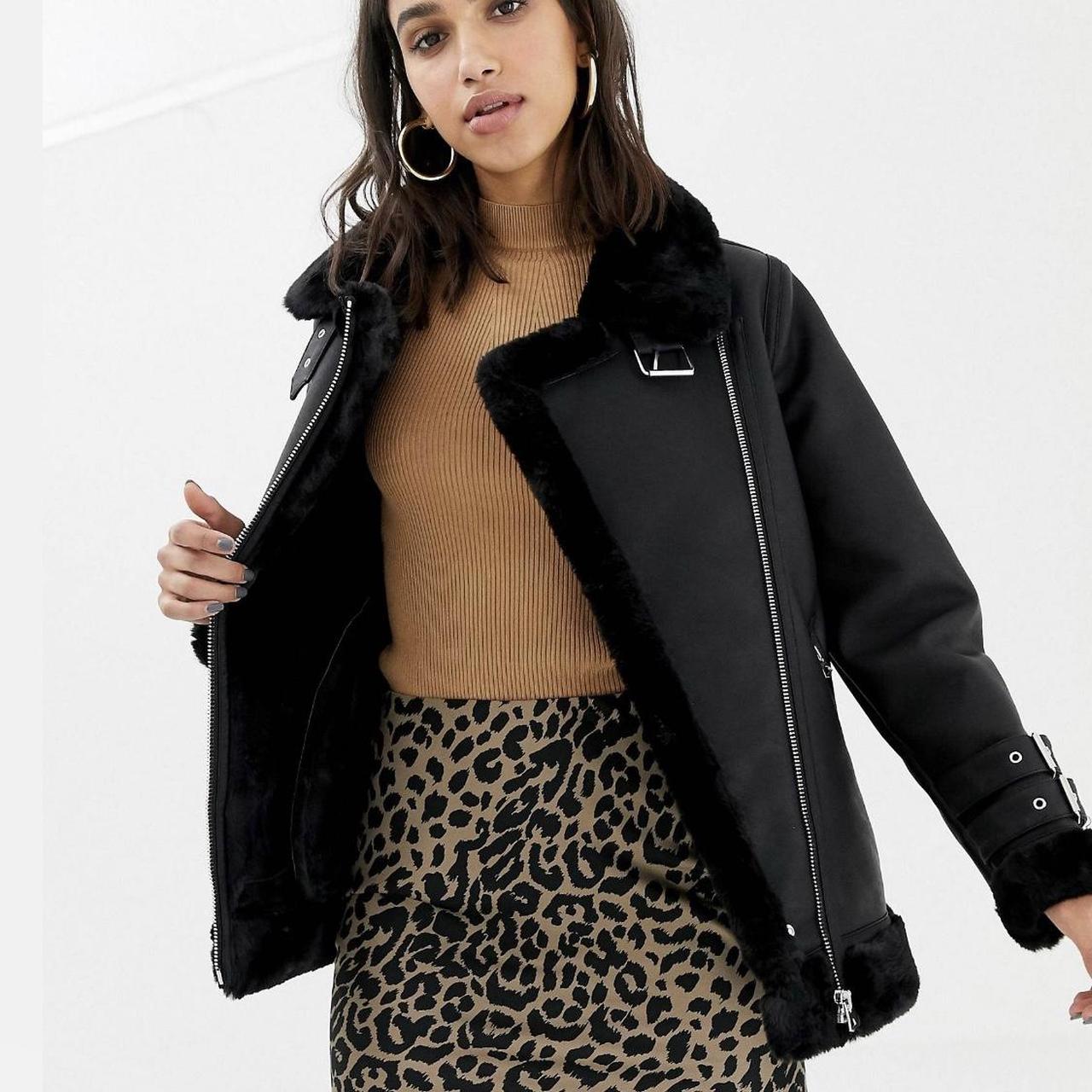 warehouse black faux leather biker jacket. fully fur... - Depop