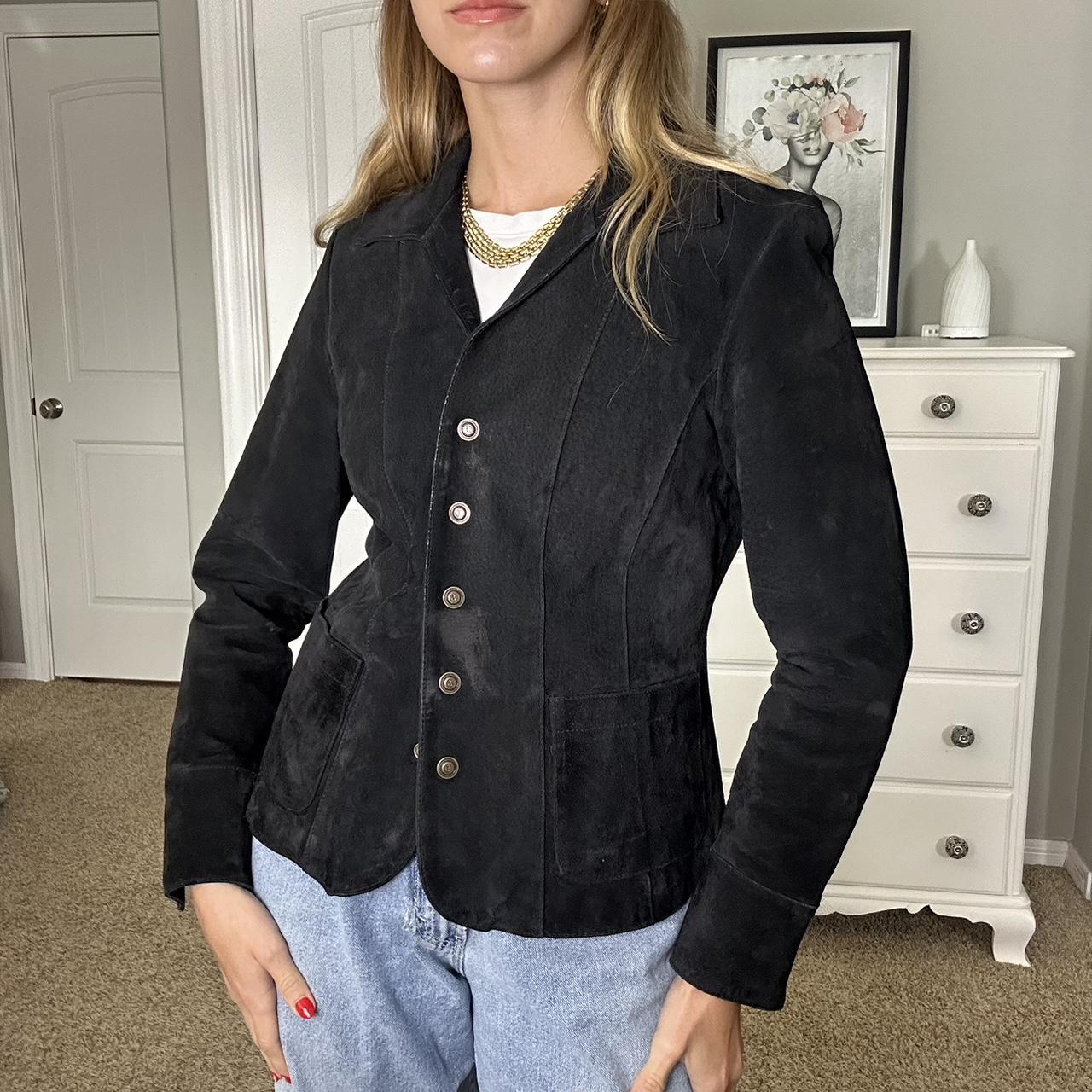 Black suede button-up jacket with snap closure -... | Depop