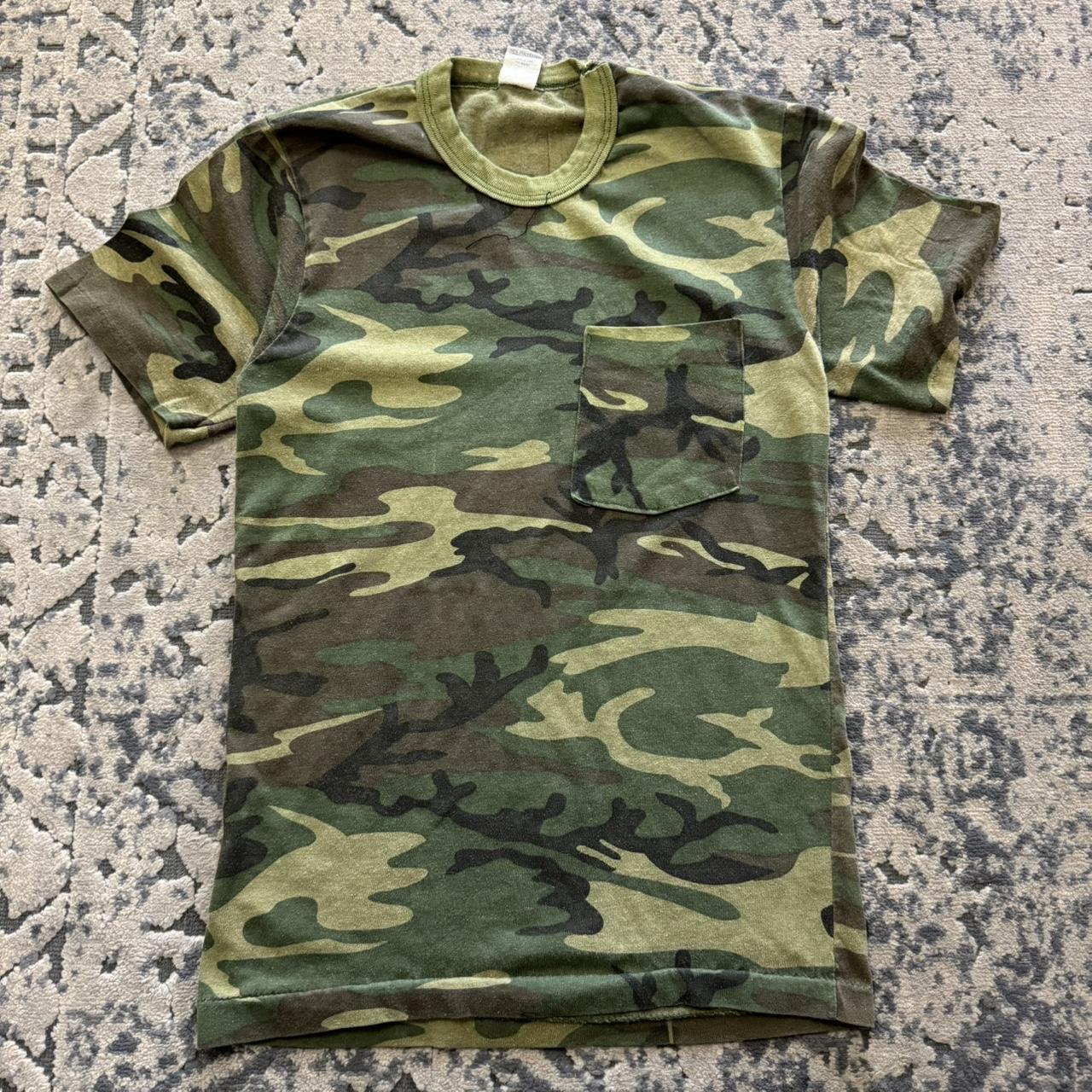 80s Made in USA Camo pocket shirt baby tee measures... | Depop