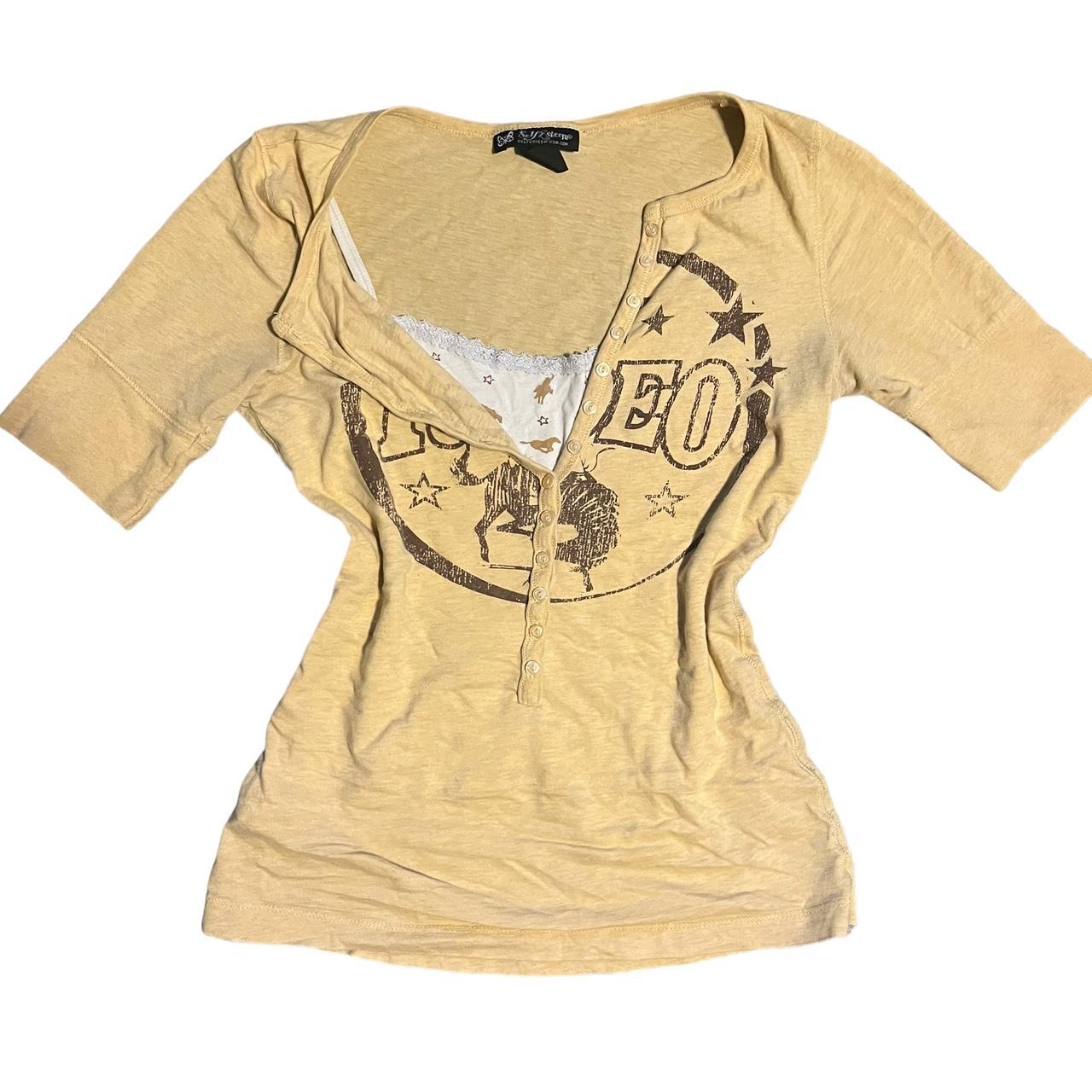 yellow y2k henley top with white lace underneath... - Depop