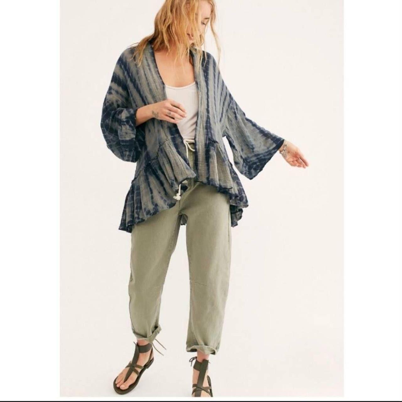 Free People Women's Blue and Green Top | Depop