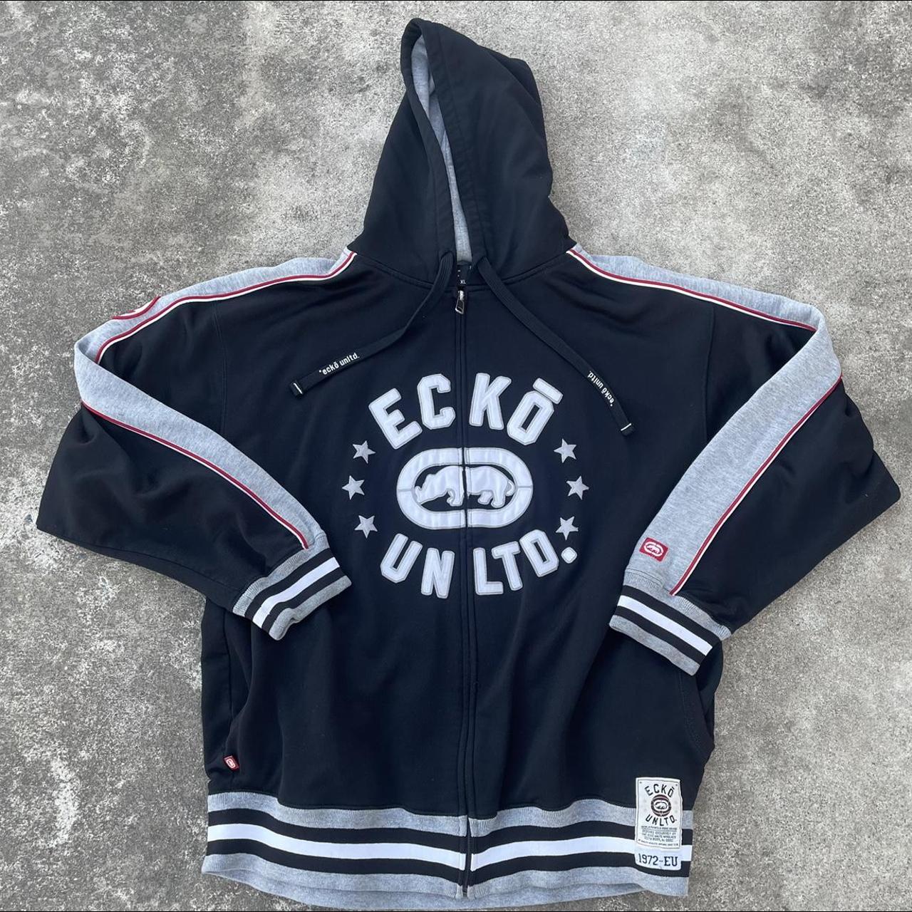 Y2k Ecko hoodie, black zipup with grey, white, and... - Depop