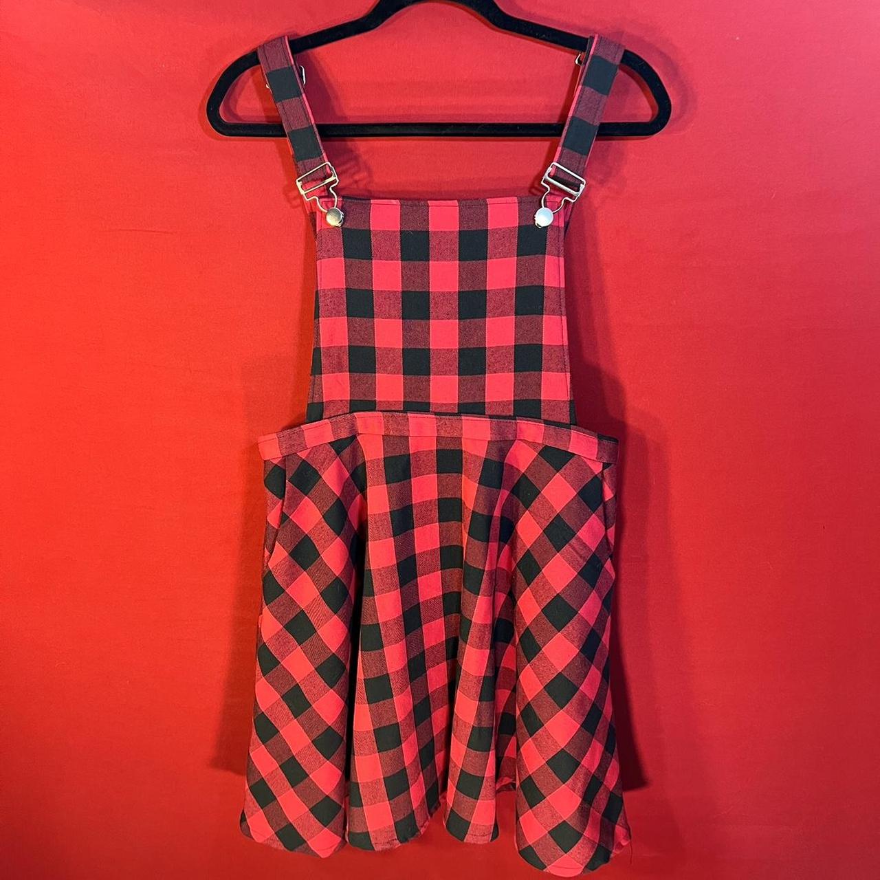 Hot Topic red and black plaid overall dress!... - Depop