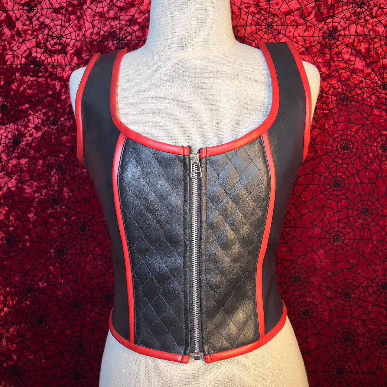 Vintage Lip Service red and black pleather zip-up... - Depop