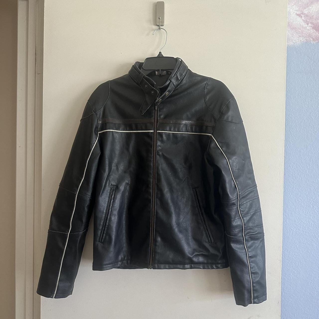 Sideout black leather jacket with white... | Depop