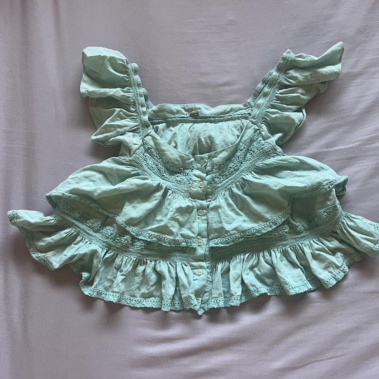 Free people flouncy ruffle top. Cute greenish blue... - Depop