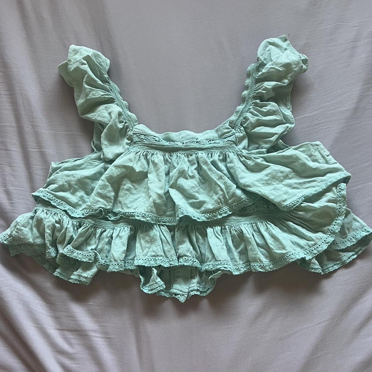 Free people flouncy ruffle top. Cute greenish blue... - Depop