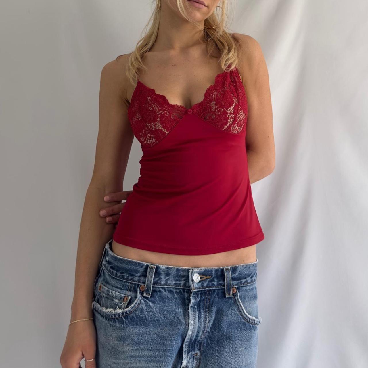 Vintage 00s red lace cami 2000s red fitted cami top... | Depop