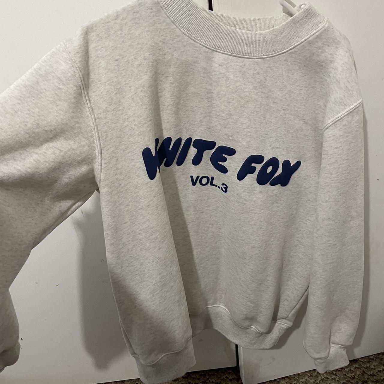 white fox grey jumper with blue writing size xs/s... - Depop