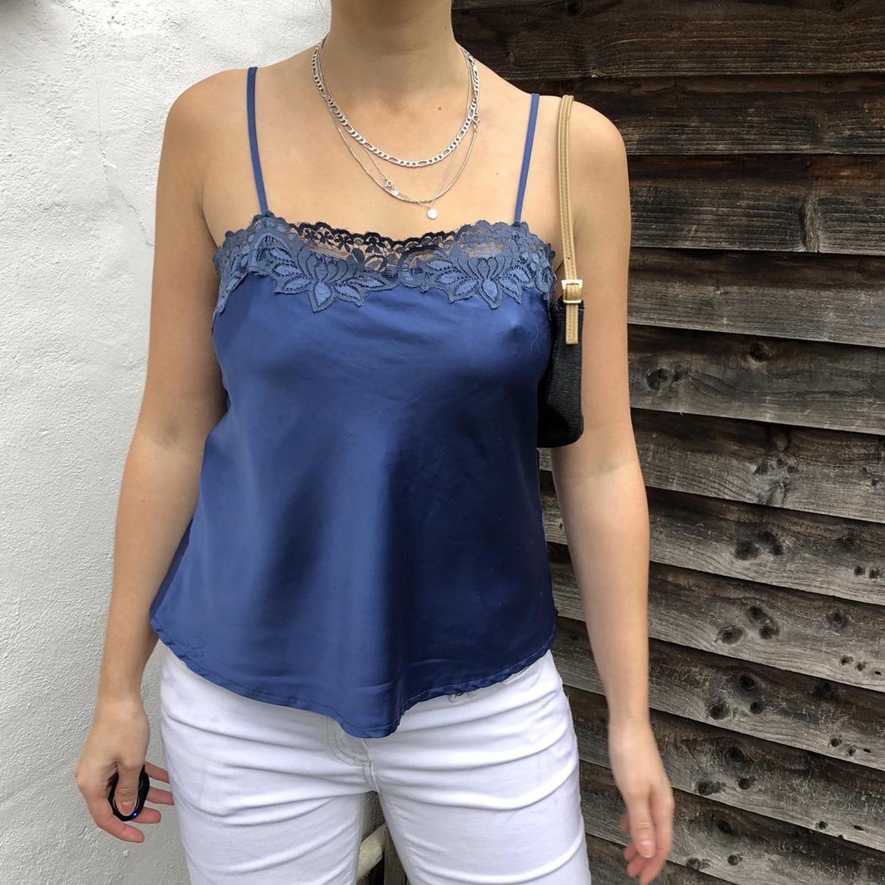 Vintage blue silk cami top. Floral lace detail along... - Depop