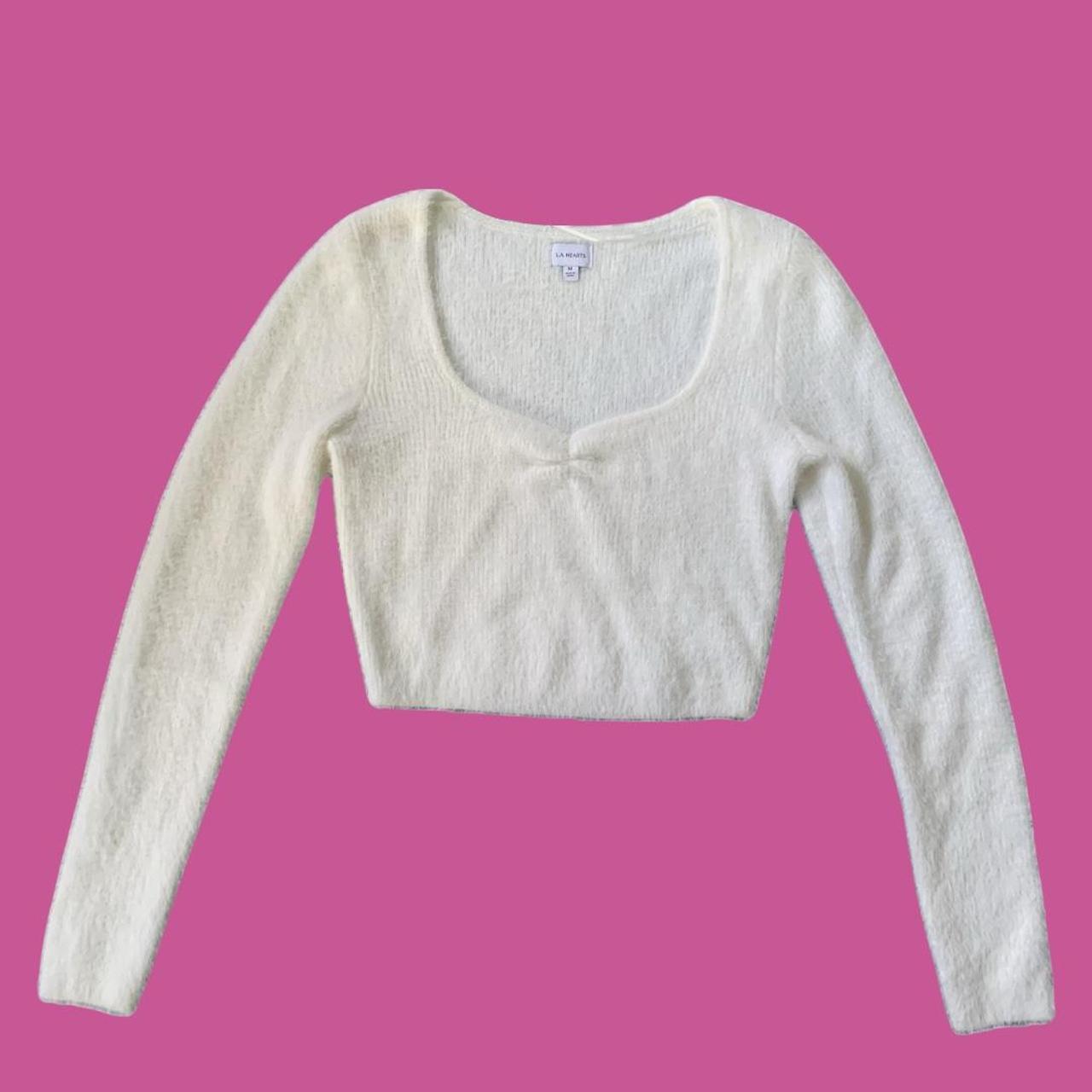 White fuzzy L.A. Hearts cropped sweater #cropped... | Depop