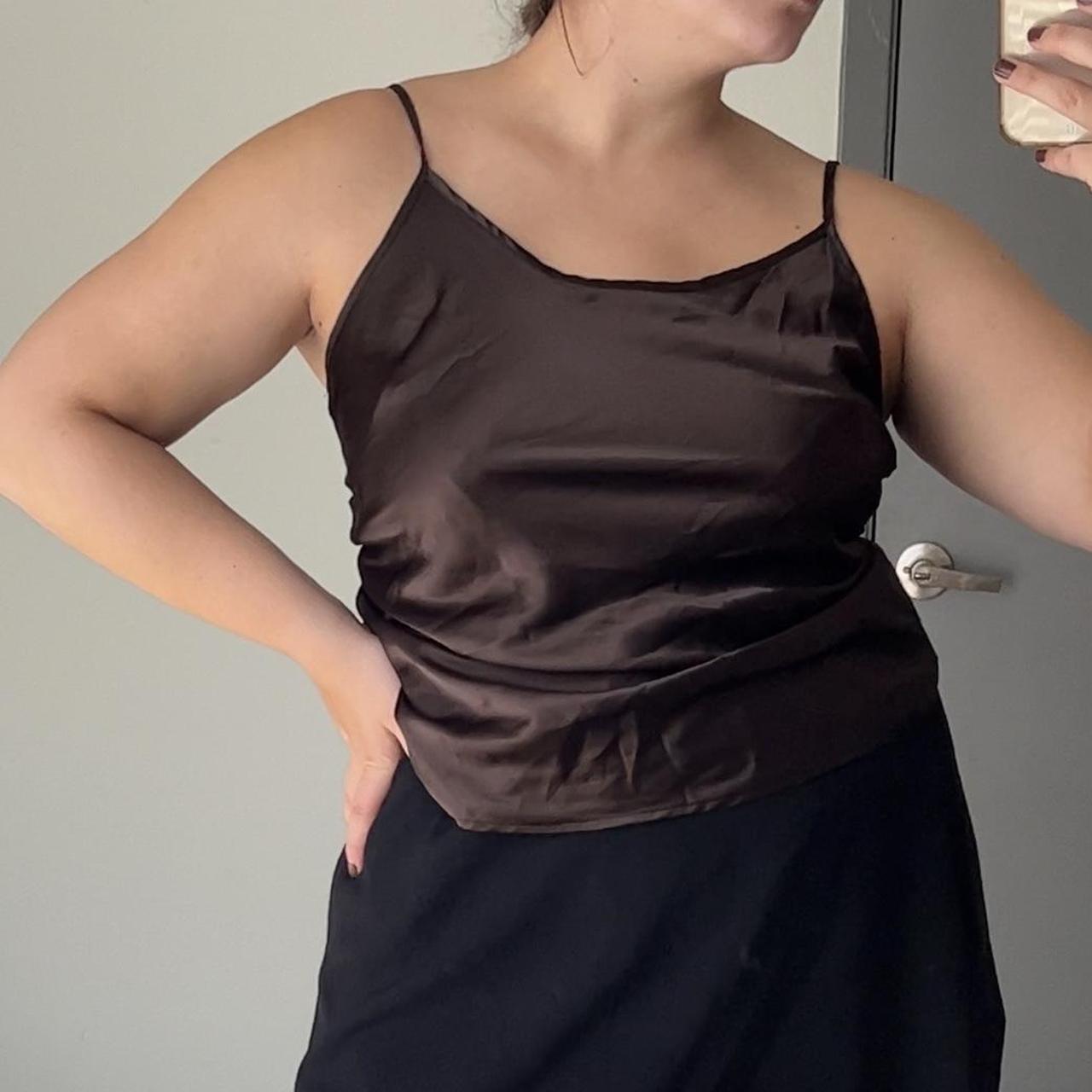 brown silk cami top perfect for fall size... - Depop