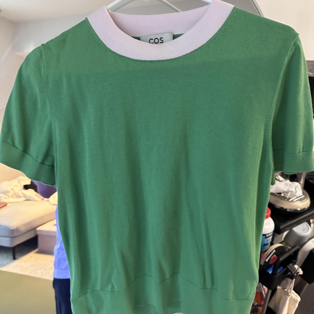 Cos Green knit top with pink collar rim ; SIZE M;... - Depop