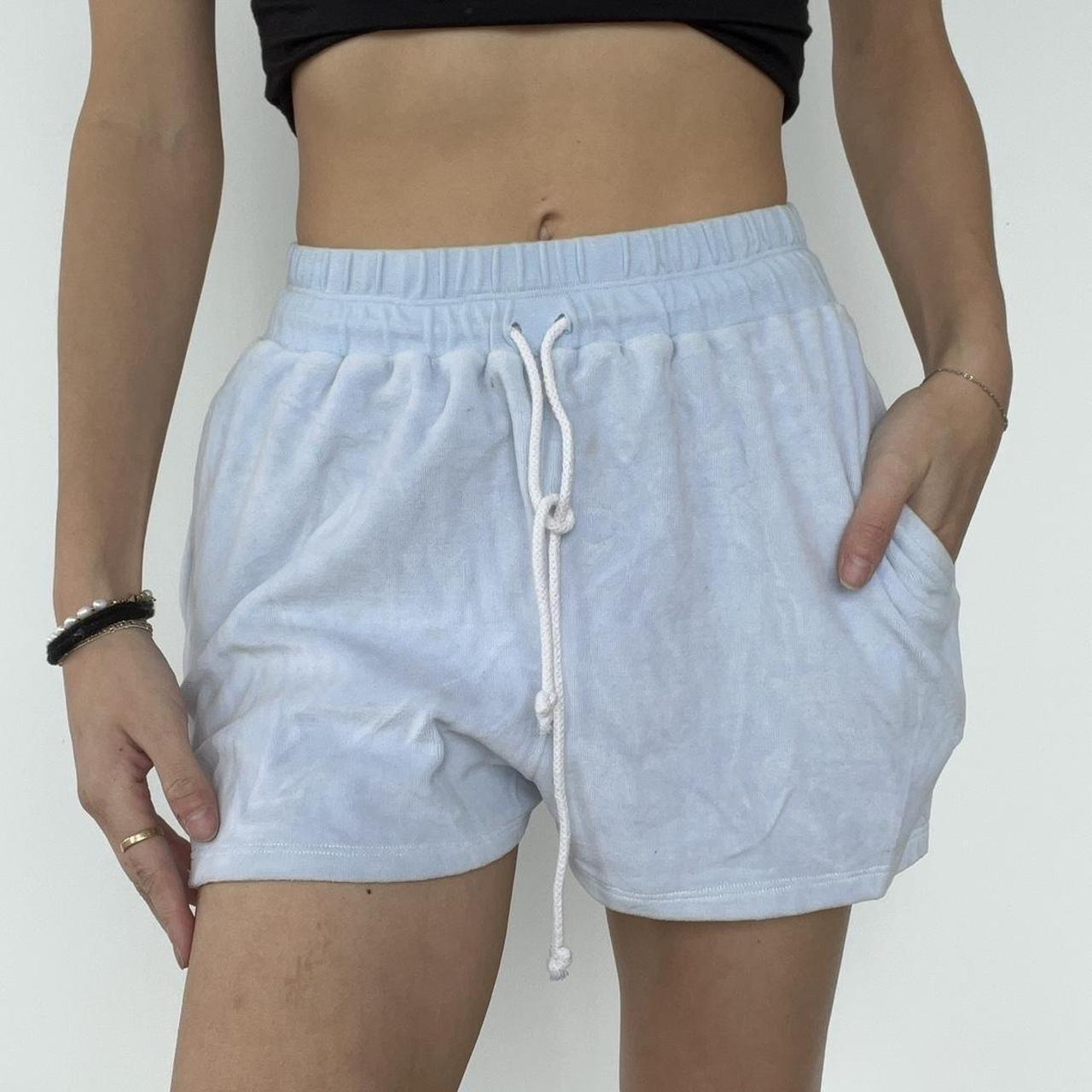 Brand new light baby blue high waisted velour shorts... - Depop