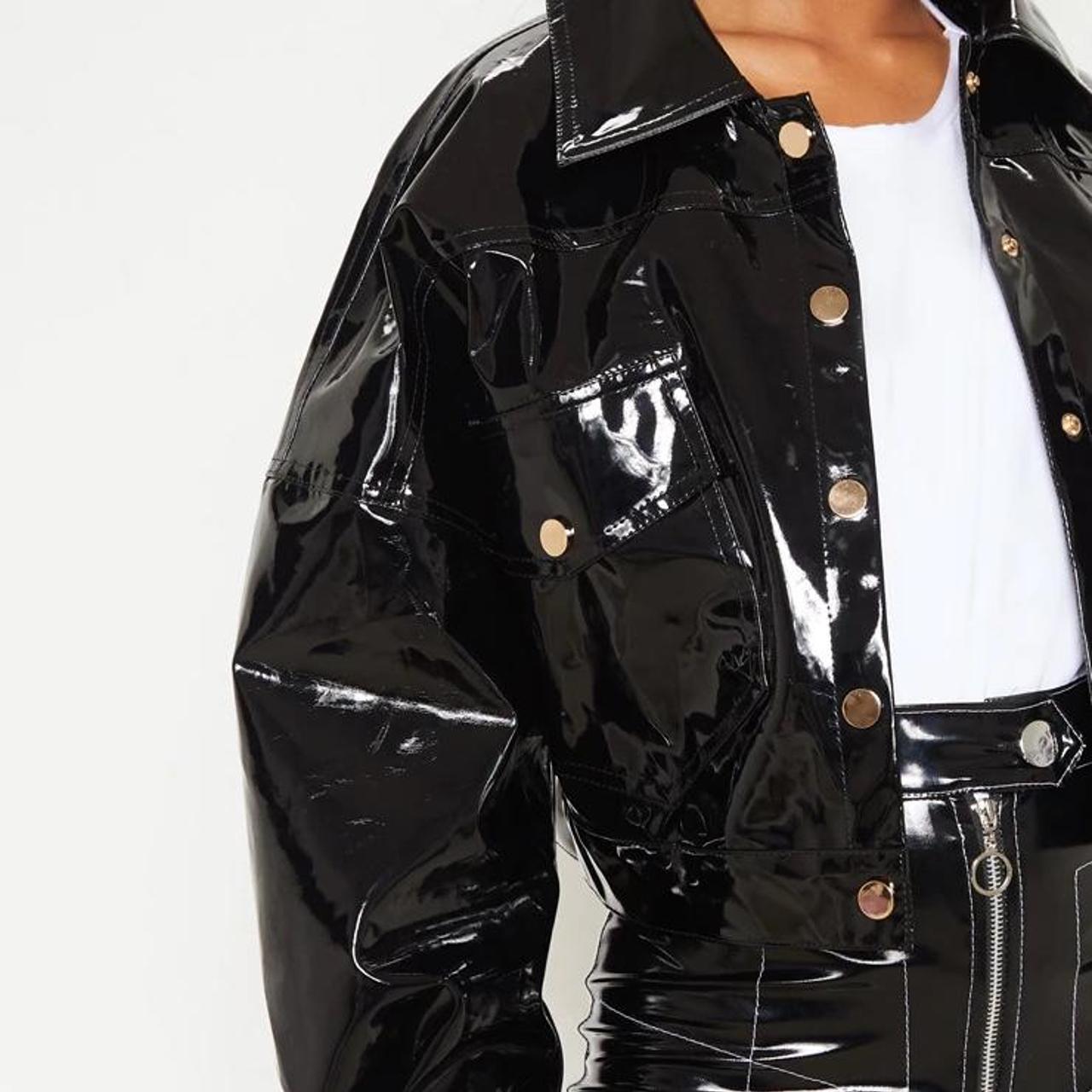 Plt vinyl cropped trucker jacket in a uk 8 - Depop