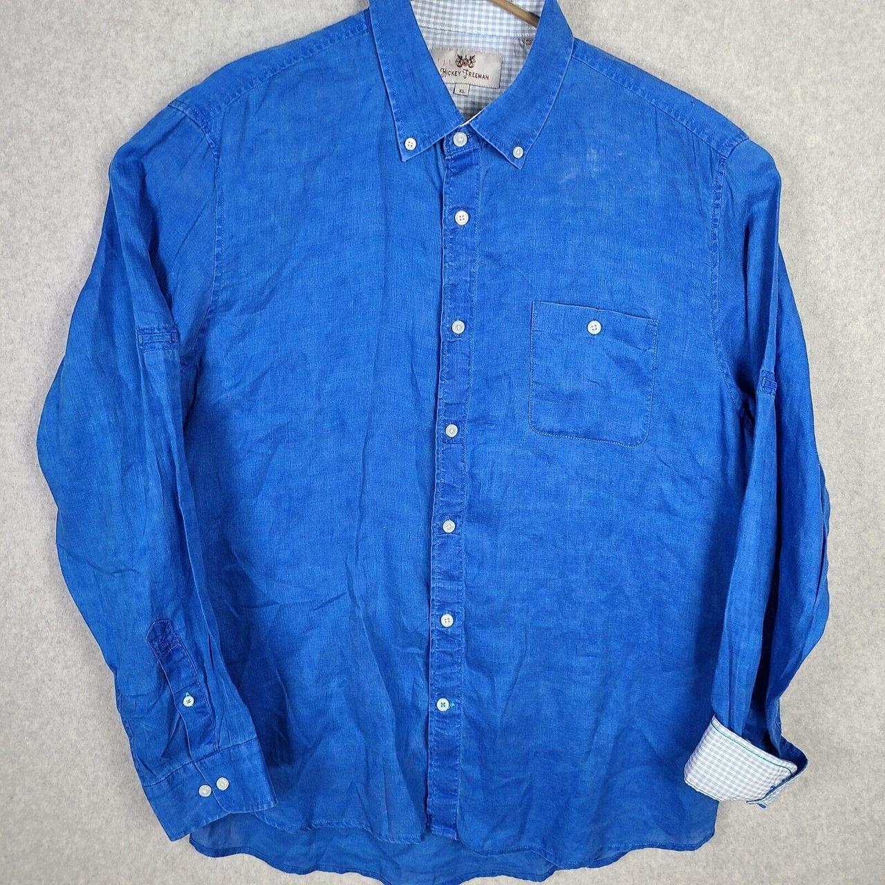 HICKEY FREEMAN SHIRT XL 100% LINEN SOLID BLUE FLIP... - Depop