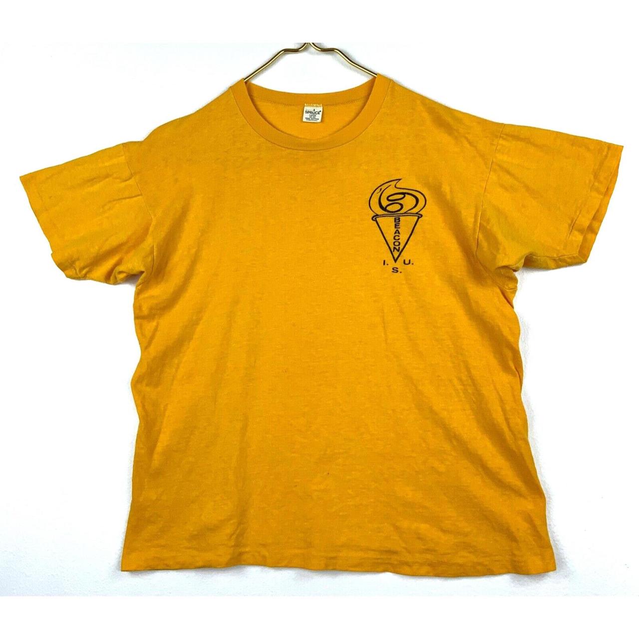 VINTAGE BEACON ISU MAYO SPRUCE T-SHIRT LARGE YELLOW... - Depop