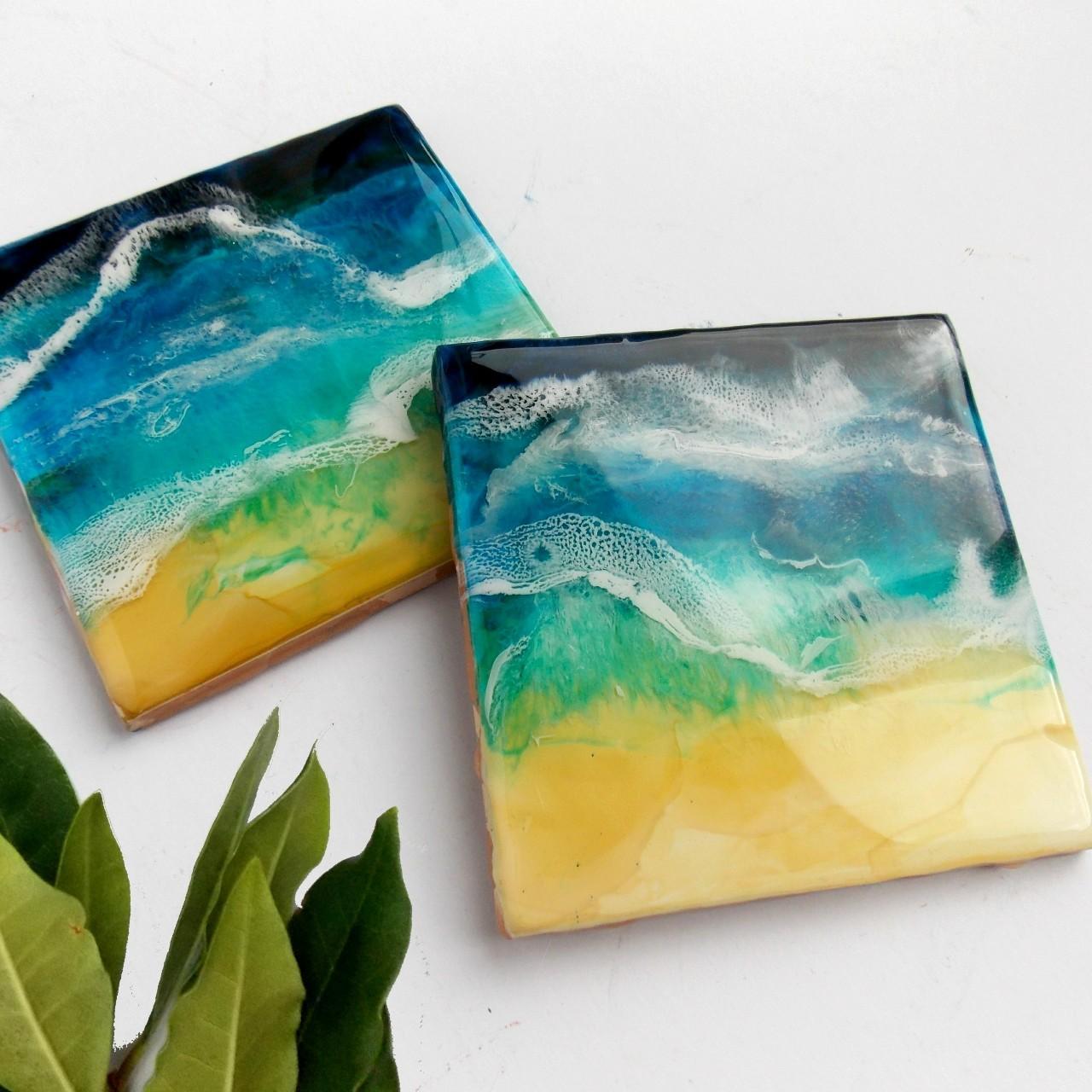 'Beachfront' coaster pair Hand painted tile... - Depop