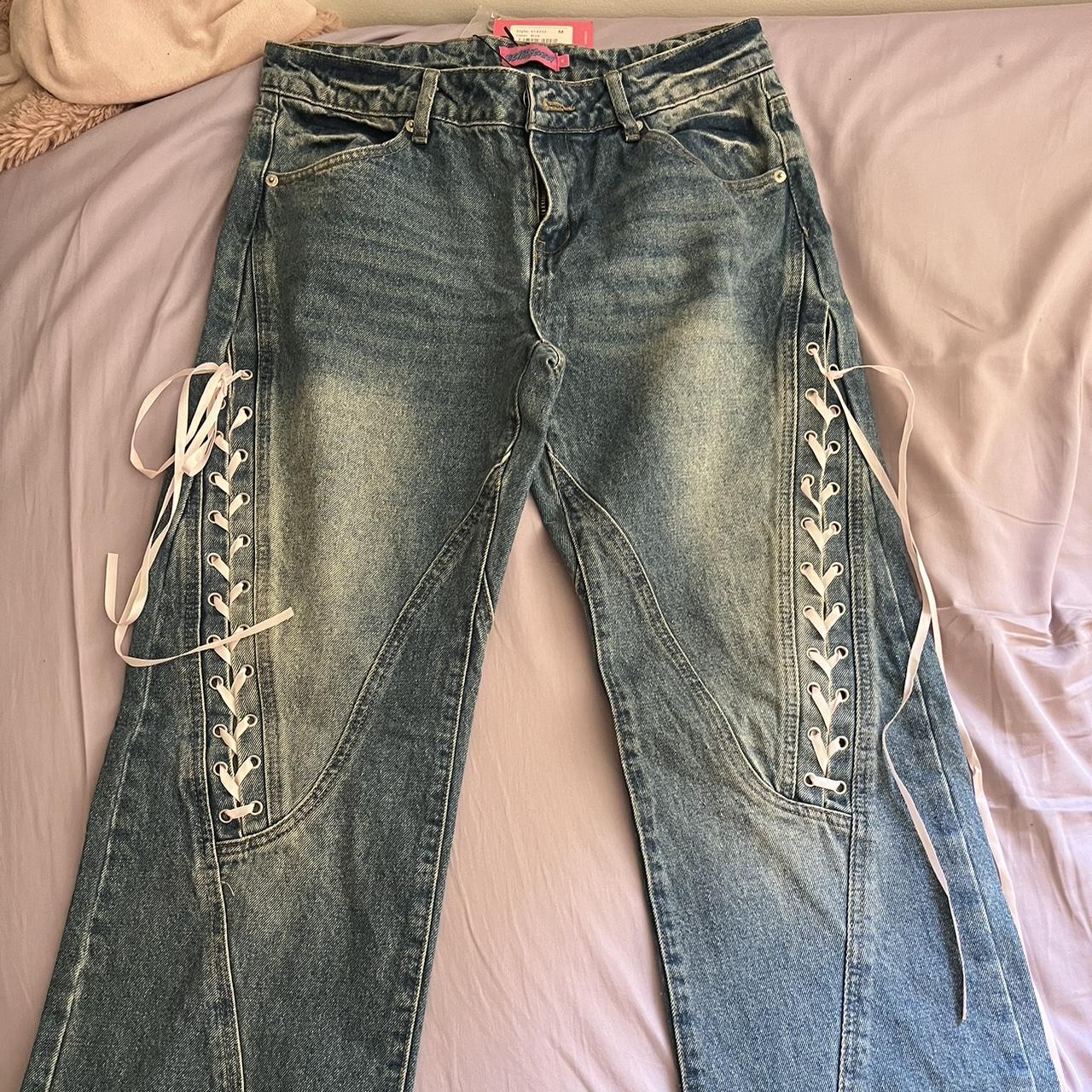 Edikted low rise ribbon lace up jeans Hip Size:... - Depop