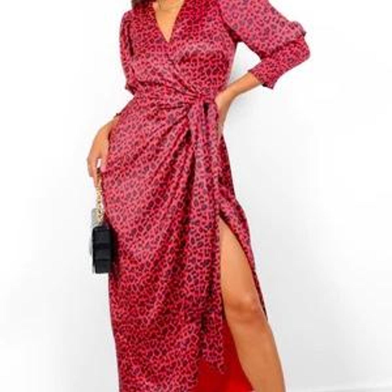 Dancing leopard red silky wrap midi dress Postage... - Depop