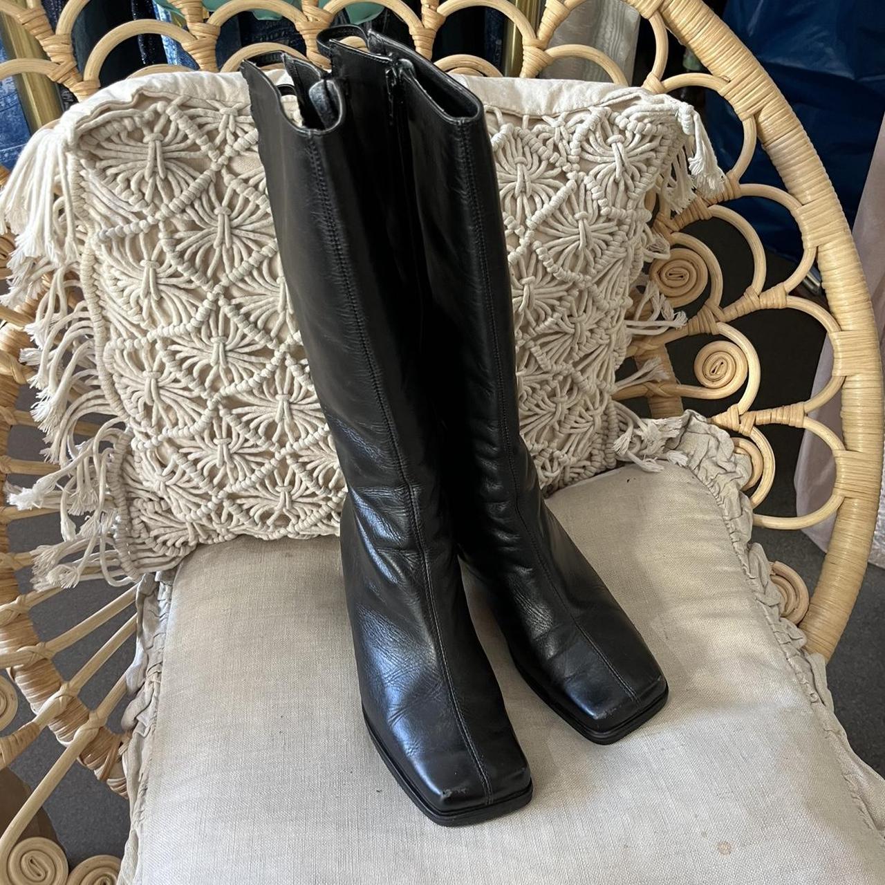 Vintage Square toe boots heels from the 90s classy... - Depop