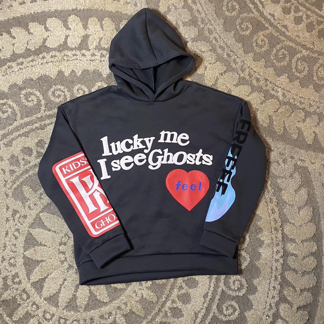 Dark grey “lucky me I see ghosts” puff print... - Depop