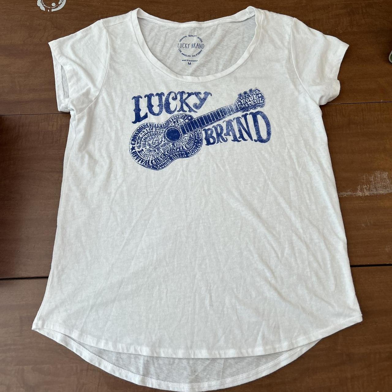 Lucky brand white blue guitar graphic womens Tshirt... - Depop