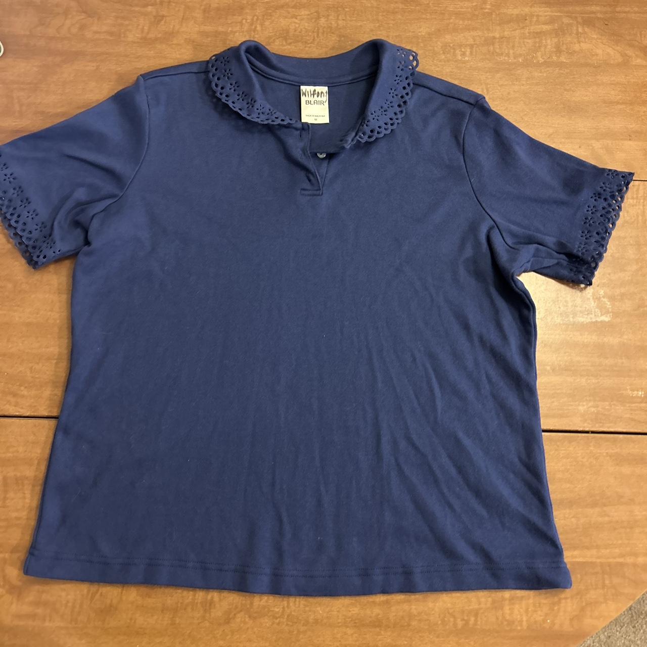 Vintage Blair women’s blue lace trim collared Tshirt... - Depop
