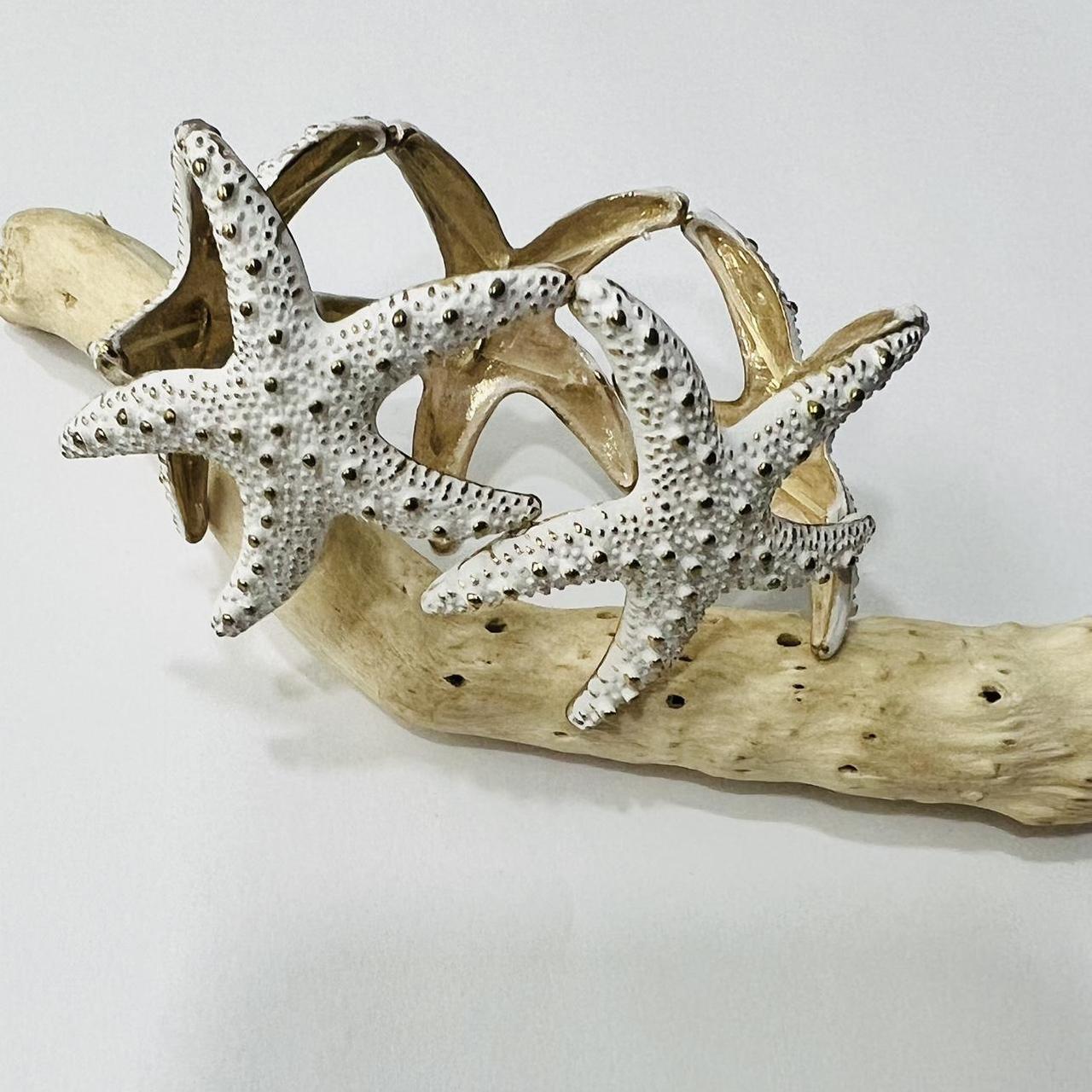 White enamel and gold stretch starfish bracelet... | Depop