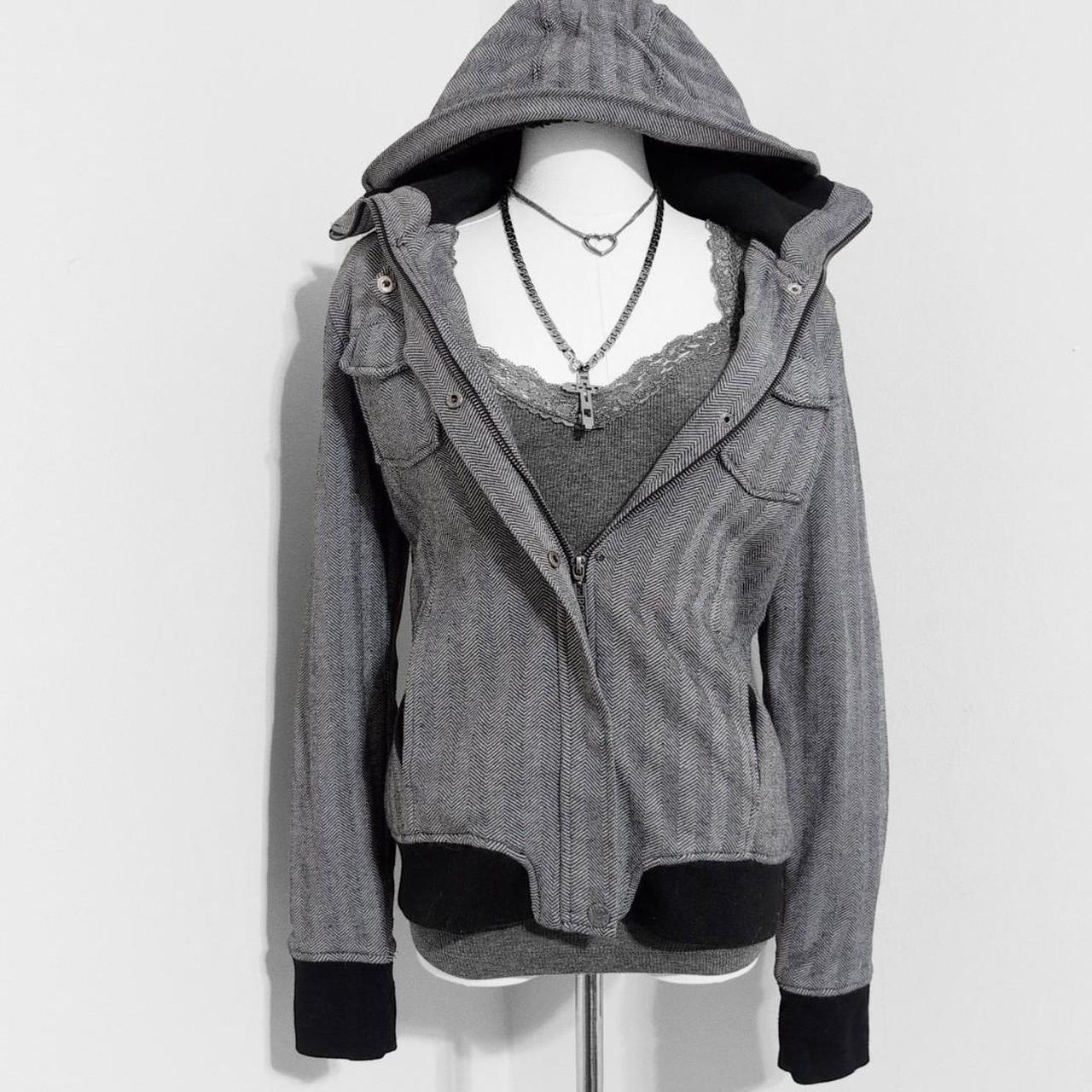 Roxy Grey & Black Striped Zip-up Jacket Coat♡ fleece... | Depop