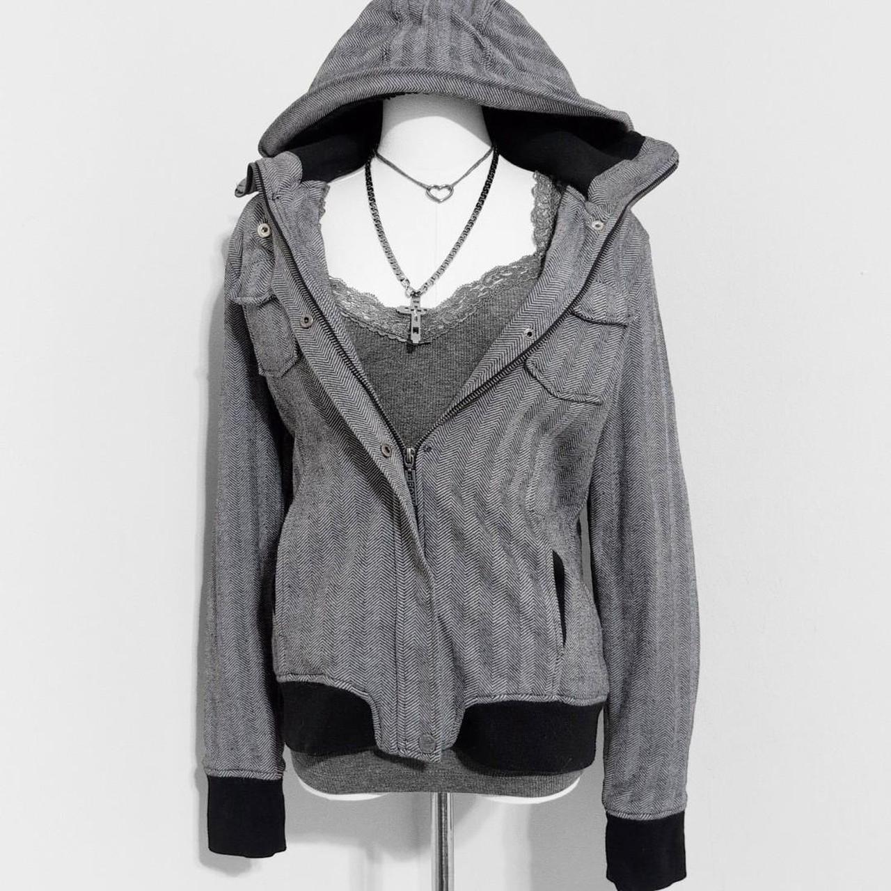 Roxy Grey & Black Striped Zip-up Jacket Coat♡ fleece... | Depop