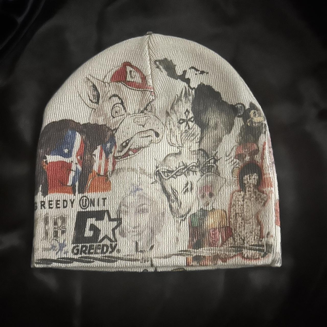 Greedy unit cream all over print beanie $150 no... | Depop