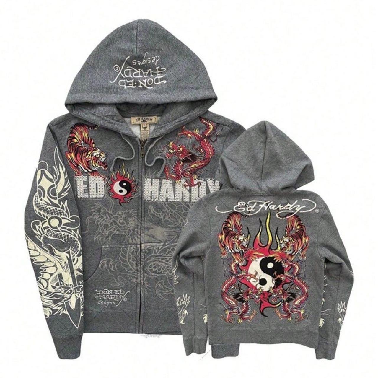 Ed Hardy grey and black zip-up hoodie #grunge | Depop
