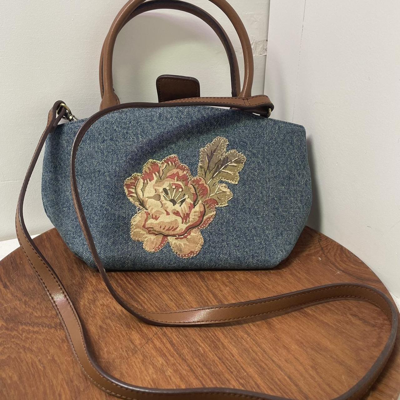 Fossil embroidered denim small bag in great preloved... - Depop