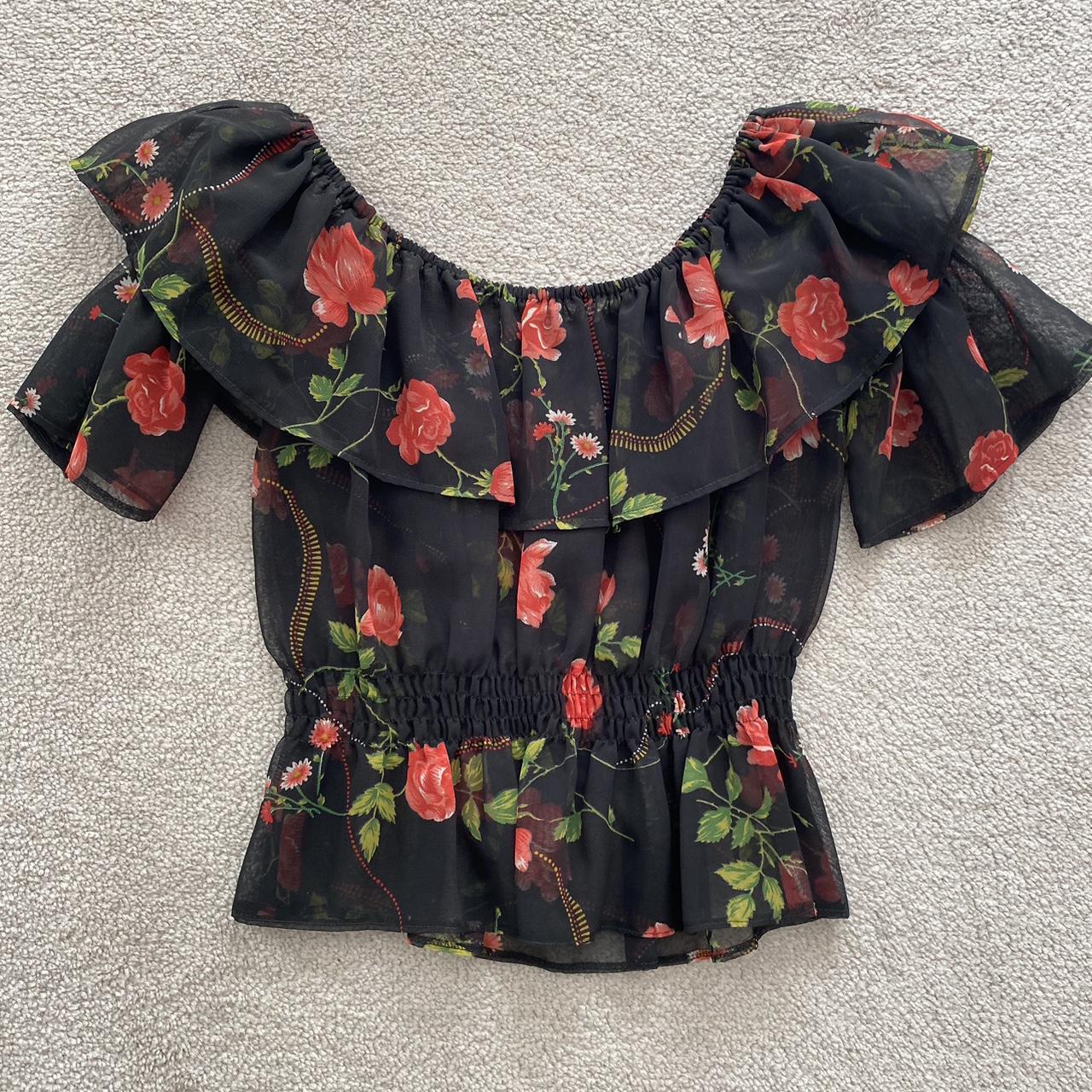 1970s On Off Shoulder Gypsy Floral Frill Crop Top... - Depop