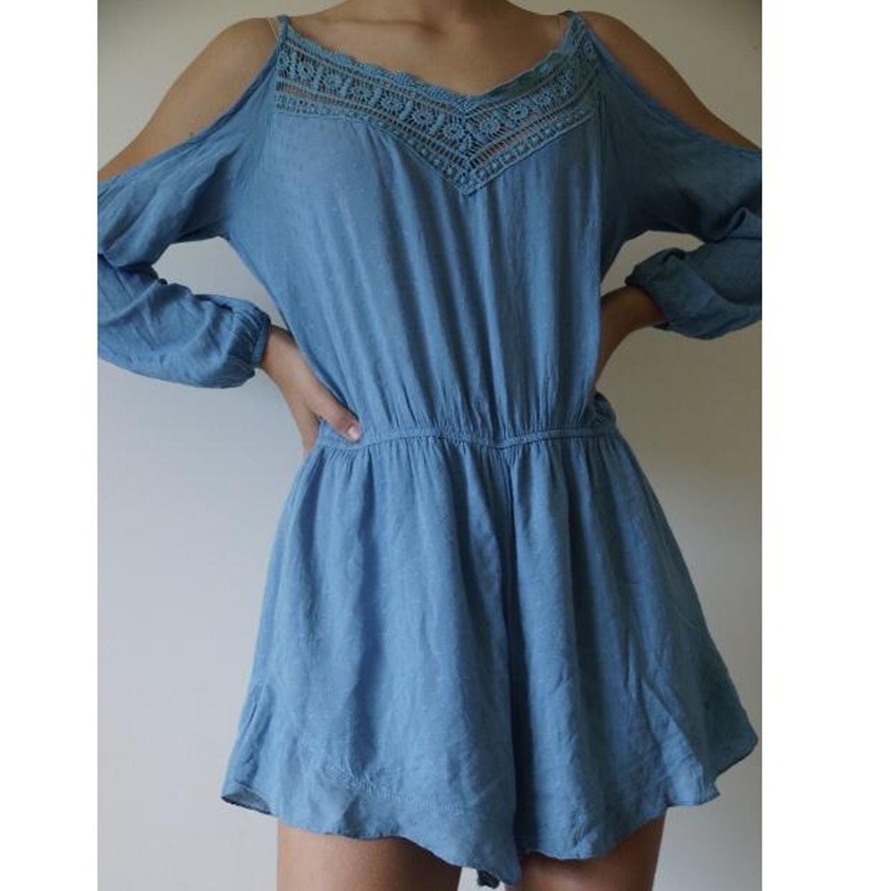 Blue flowy playsuit, hardly worn. Model size 8 AUS... | Depop