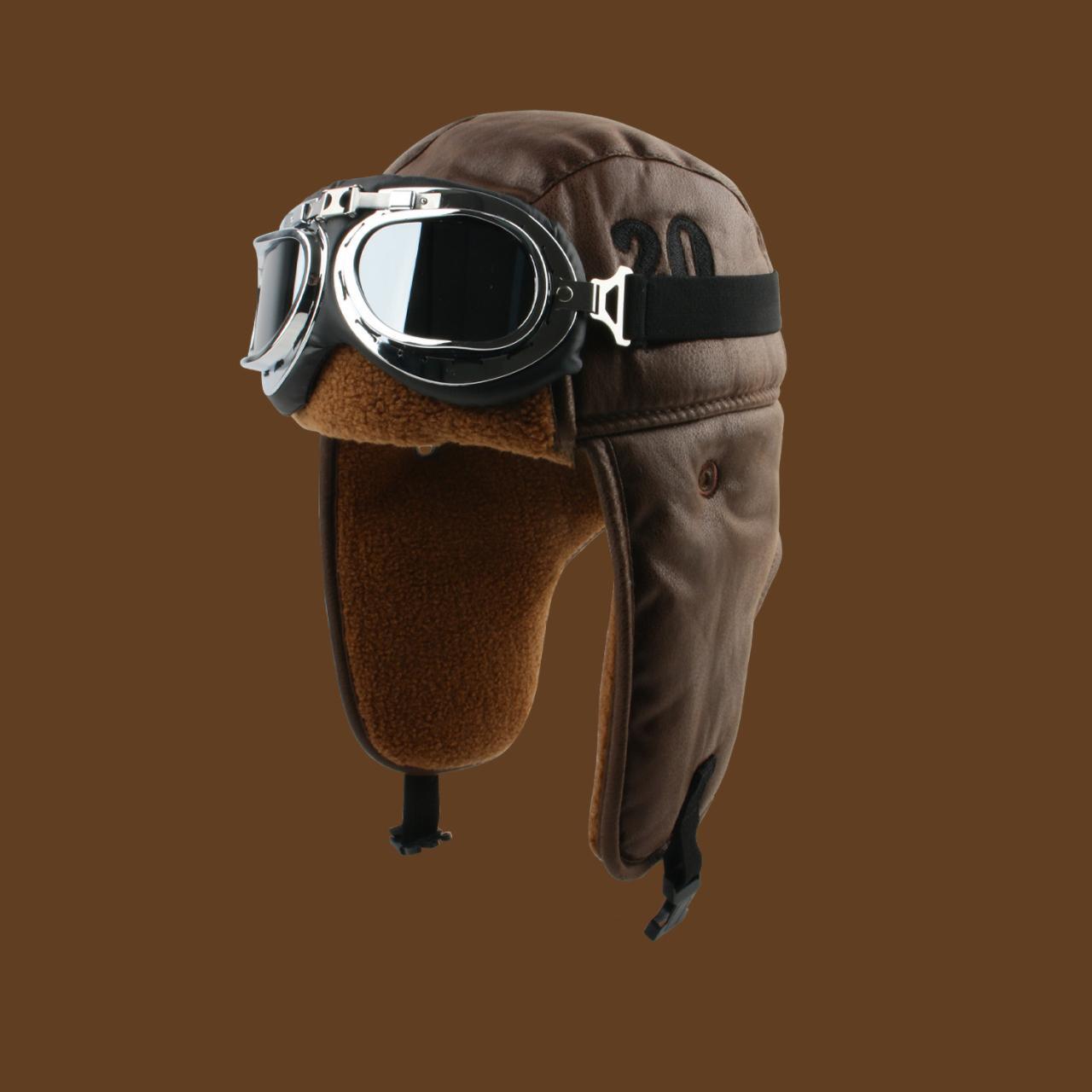 Vintage Aviator Hat with Goggles - Brown Faux... | Depop