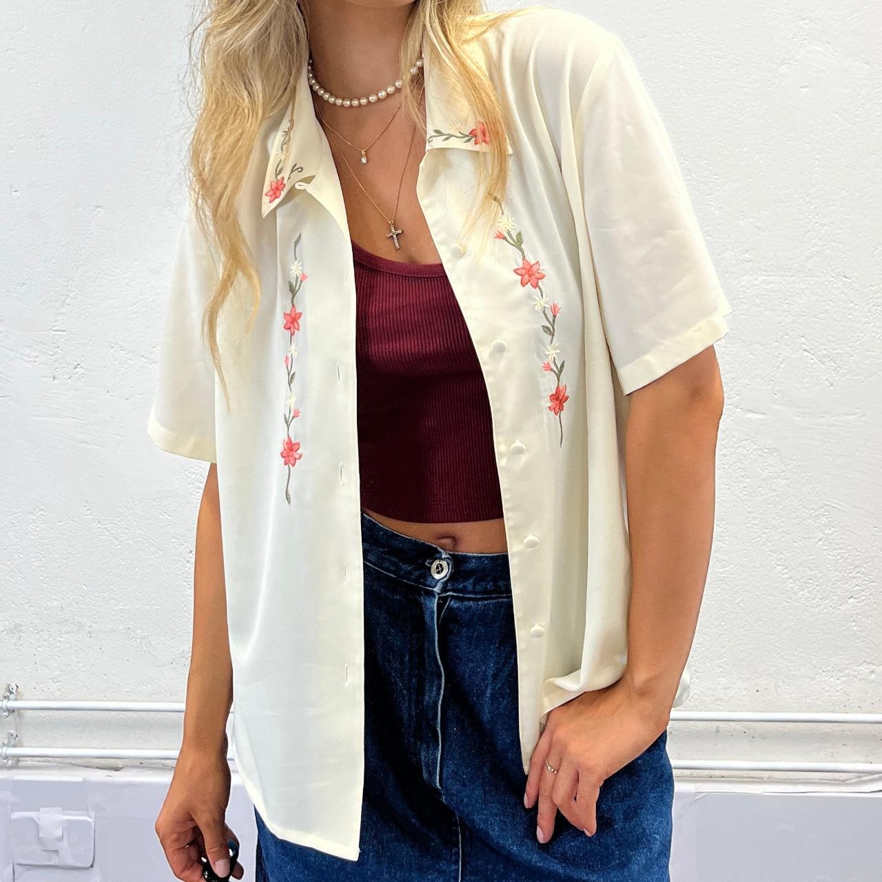Vintage cream flower embroidered short sleeve button... - Depop