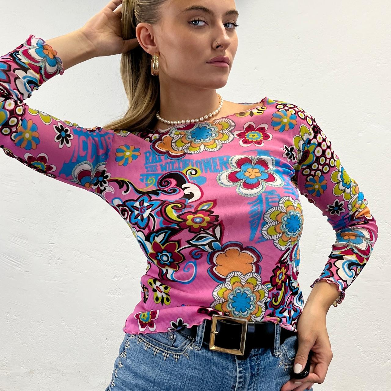 Vintage colourful printed sheer mesh long sleeve... - Depop