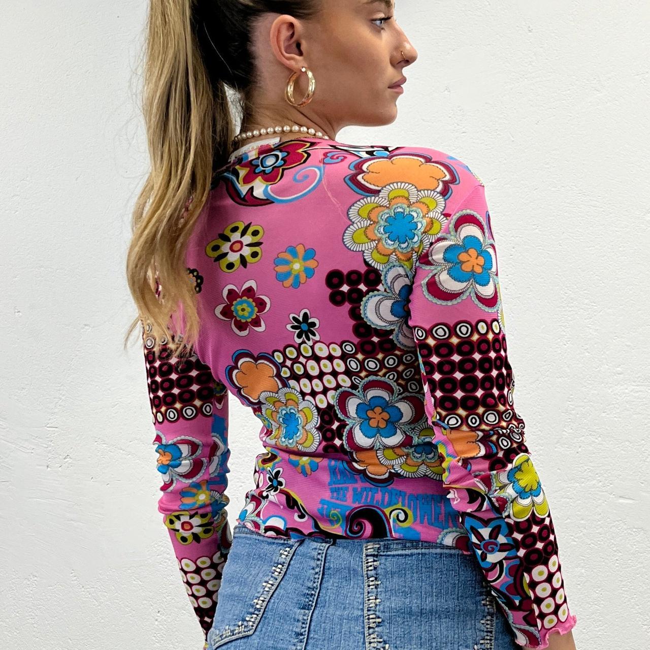 Vintage colourful printed sheer mesh long sleeve... - Depop