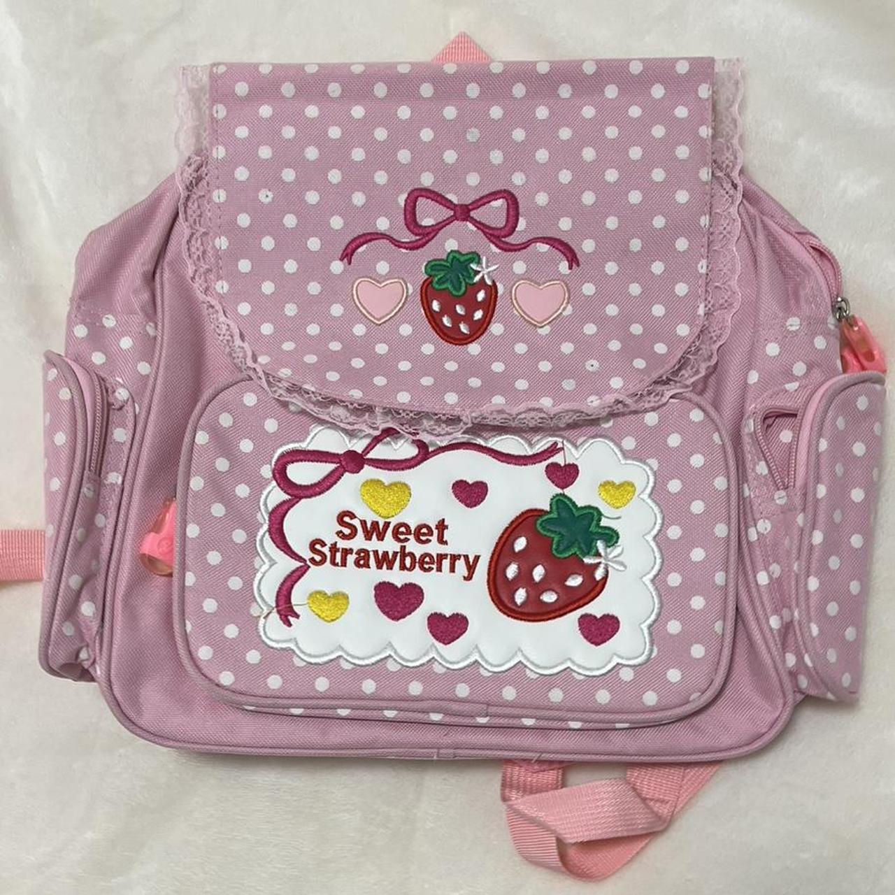 Pink and white polka dot Sweet Strawberry backpack... - Depop