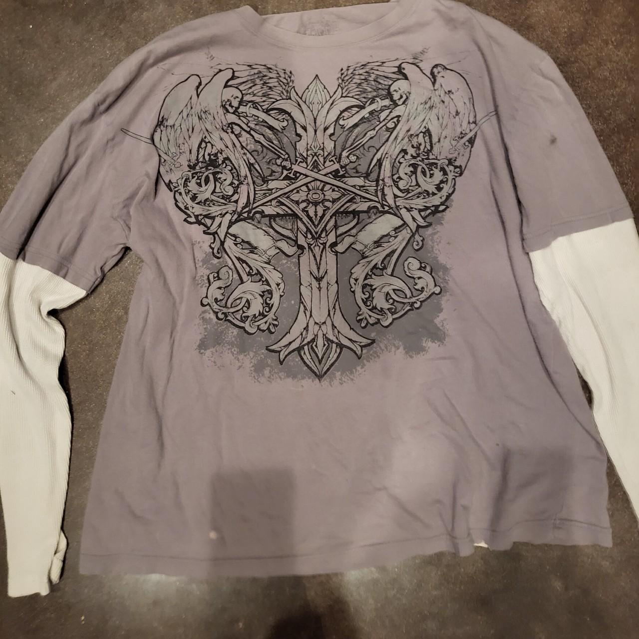 Grunge 2000s long sleeve layered shirt -cross... - Depop