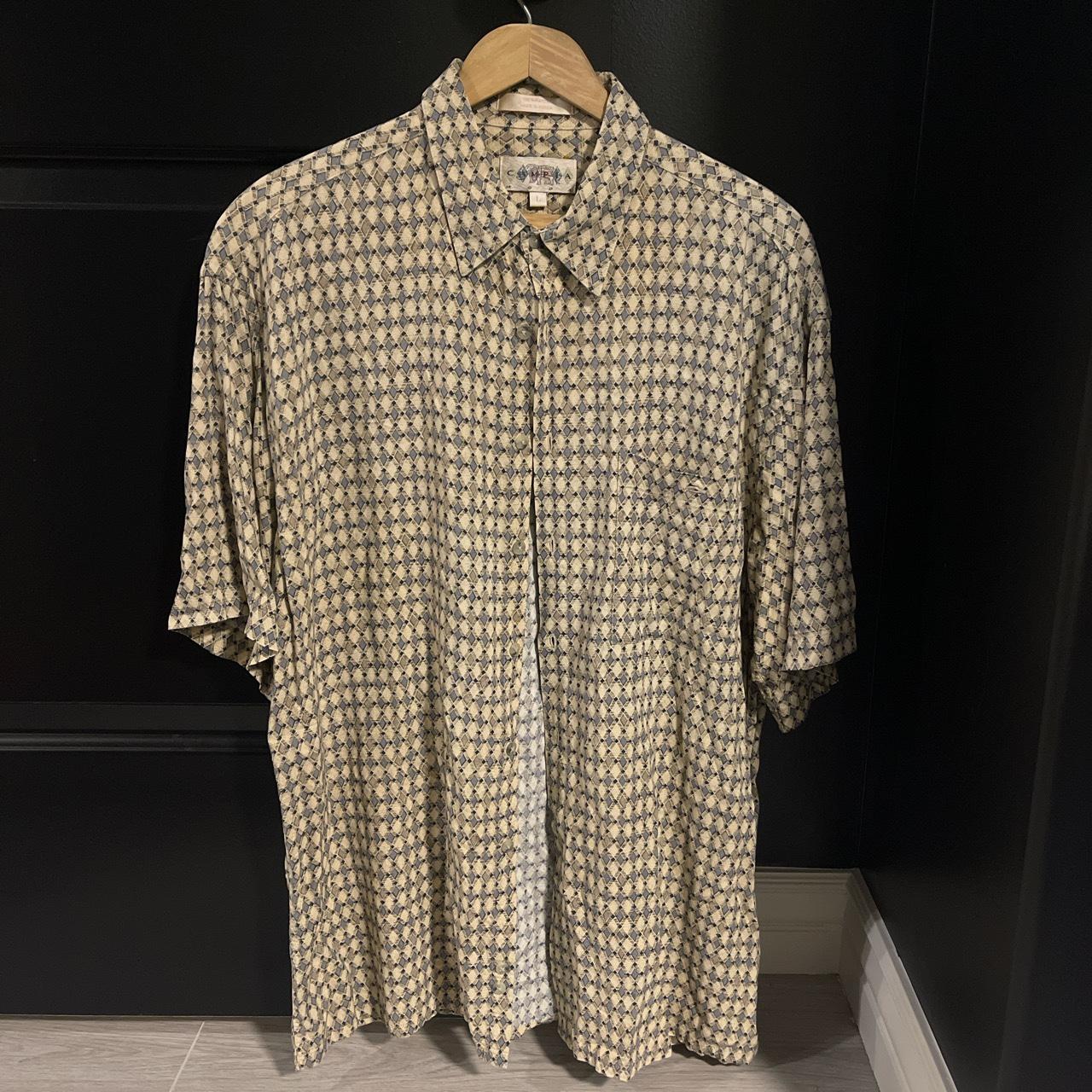 Vintage campia button up Cream with blue and grey... - Depop