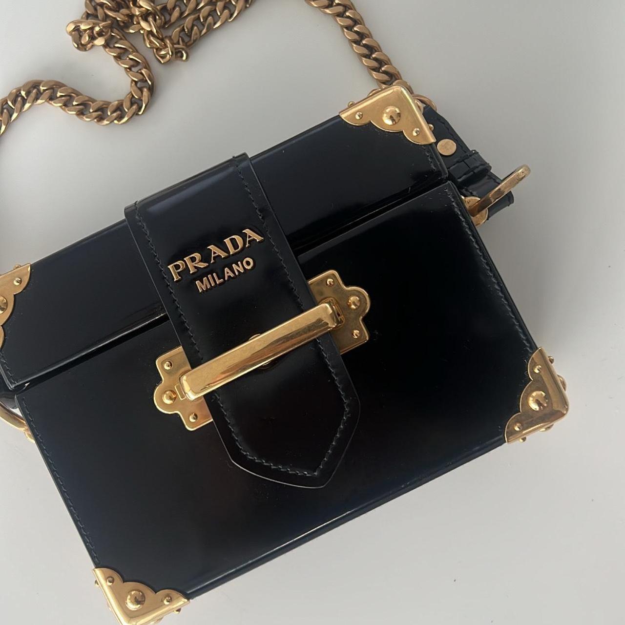 Prada Black Mini Cahier Mini Patent Leather Box Bag... - Depop